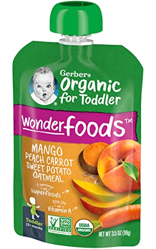 Gerber Organic for Toddler Wonder Foods Toddler Food Pouches, Mango Peach Carrot Sweet Potato Oatmeal, Organic & Non-GMO, 3.5 Ounce Pouches (Pack of 6)