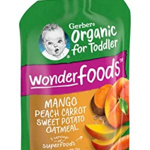 Gerber Organic for Toddler Wonder Foods Toddler Food Pouches, Mango Peach Carrot Sweet Potato Oatmeal, Organic & Non-GMO, 3.5 Ounce Pouches (Pack of 6)