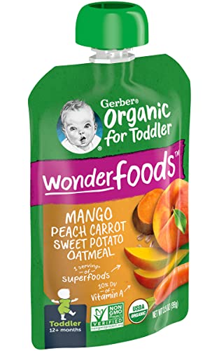 Gerber Organic for Toddler Wonder Foods Toddler Food Pouches, Mango Peach Carrot Sweet Potato Oatmeal, Organic & Non-GMO, 3.5 Ounce Pouches (Pack of 6)