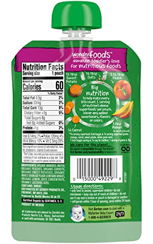 Gerber Organic for Toddler Wonder Foods Toddler Food Pouches, Mango Peach Carrot Sweet Potato Oatmeal, Organic & Non-GMO, 3.5 Ounce Pouches (Pack of 6)