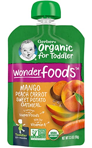 Gerber Organic for Toddler Wonder Foods Toddler Food Pouches, Mango Peach Carrot Sweet Potato Oatmeal, Organic & Non-GMO, 3.5 Ounce Pouches (Pack of 6)