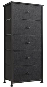 reahome 5 drawer dresser for bedroom storage tower closet organizer vertical chest sturdy steel frame tall dresser wooden top removable fabric bins office organization(black grey) ylz5b1