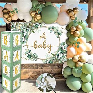 243 pc sage green baby shower decorations for boy or girl, rustic gender neutral sage green & white balloon garland kit, greenery baby boxes, eucalyptus oh baby backdrop banner, olive decor, confetti