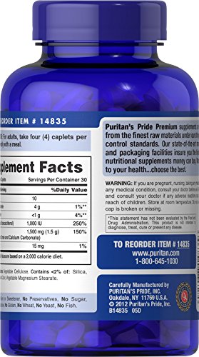 Puritan's Pride Calcium 1500 mg with Vitamin D 1000 IU-120 Coated Caplets, 120 Count (Pack of 1) (14835)