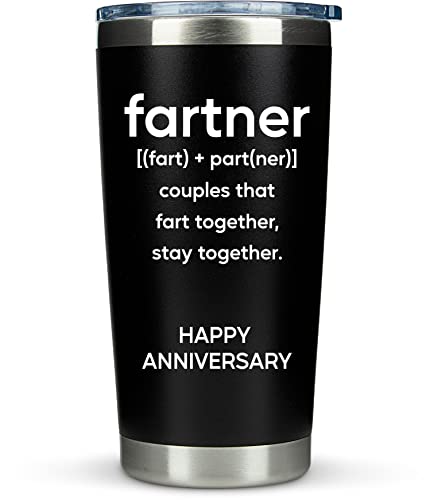 KLUBI Anniversary for Him Her – “Fartner” 20oz Stainless Steel Coffee Tumbler/Mug – Funny Gift Idea for Husband, Wife, Girlfriend, Boyfriend, Couples, Relationship