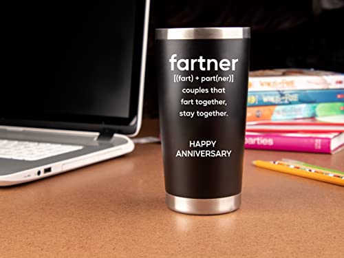 KLUBI Anniversary for Him Her – “Fartner” 20oz Stainless Steel Coffee Tumbler/Mug – Funny Gift Idea for Husband, Wife, Girlfriend, Boyfriend, Couples, Relationship