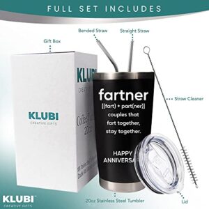 KLUBI Anniversary for Him Her – “Fartner” 20oz Stainless Steel Coffee Tumbler/Mug – Funny Gift Idea for Husband, Wife, Girlfriend, Boyfriend, Couples, Relationship