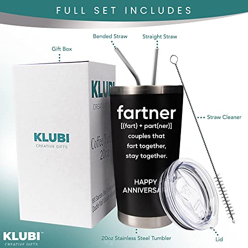 KLUBI Anniversary for Him Her – “Fartner” 20oz Stainless Steel Coffee Tumbler/Mug – Funny Gift Idea for Husband, Wife, Girlfriend, Boyfriend, Couples, Relationship