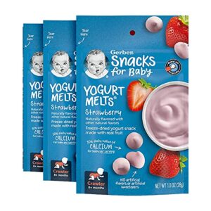 gerber snacks for baby yogurt melts, strawberry, freeze-dried yogurt snack, made with real fruit, baby snack for crawlers, 1.0-ounce pouch (pack of 3)