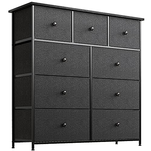 REAHOME 9 Drawer Dresser for Bedroom Chest of Drawers Closets Large Capacity Organizer Tower Steel Frame Wooden Top Living Room Entryway Office (Black Grey)