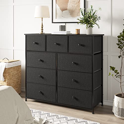 REAHOME 9 Drawer Dresser for Bedroom Chest of Drawers Closets Large Capacity Organizer Tower Steel Frame Wooden Top Living Room Entryway Office (Black Grey)