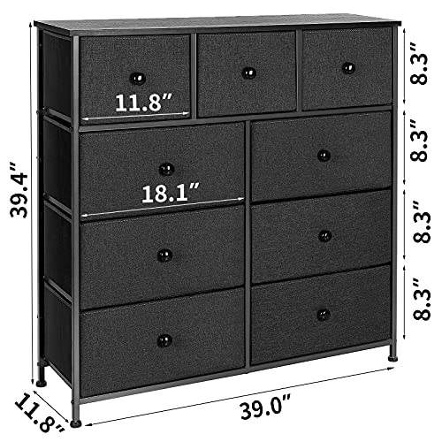 REAHOME 9 Drawer Dresser for Bedroom Chest of Drawers Closets Large Capacity Organizer Tower Steel Frame Wooden Top Living Room Entryway Office (Black Grey)