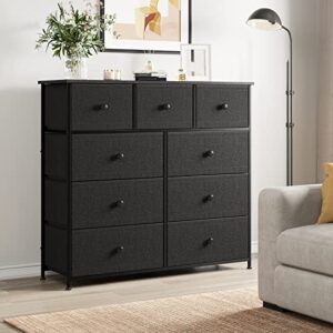 REAHOME 9 Drawer Dresser for Bedroom Chest of Drawers Closets Large Capacity Organizer Tower Steel Frame Wooden Top Living Room Entryway Office (Black Grey)