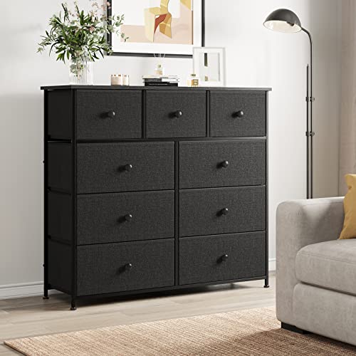 REAHOME 9 Drawer Dresser for Bedroom Chest of Drawers Closets Large Capacity Organizer Tower Steel Frame Wooden Top Living Room Entryway Office (Black Grey)