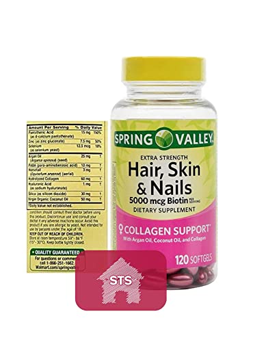 Hair, Skin & Nails Extra Strength Bundle. Includes One Bottle of Spring Valley Hair, Skin & Nails Extra Strength - 5,000 Mcg, 120 Count and a STS Fridge Magnet!