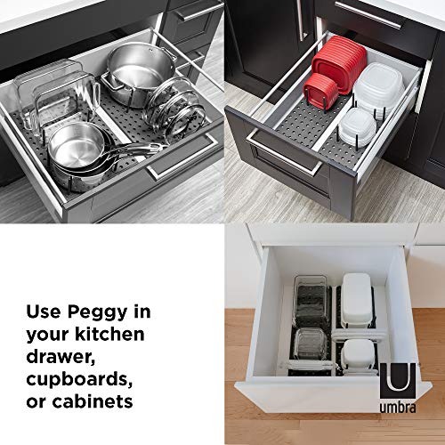 Umbra Peggy Kitchen Cupboard, Shelf and Drawer Organizer Tray - Adjustable Storage System For Food Containers, Cookware, Serveware, Utensils and More (Set of 2)