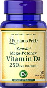 puritans pride vitamin d3 10000 iu bolsters health immune system support and healthy bones & teeth softgels, yellow, 100 count