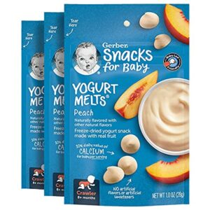 Gerber Snacks for Baby Yogurt Melts, Peach, Freeze-Dried Yogurt Snack Made with Real Yogurt & Fruit, Baby Snack for Crawlers, 1.0-Ounce Pouch (Pack of 3)