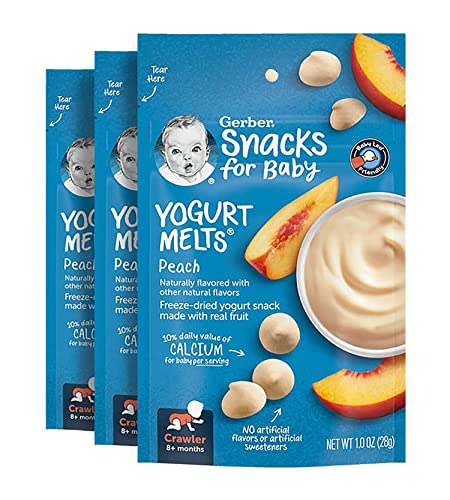 Gerber Snacks for Baby Yogurt Melts, Peach, Freeze-Dried Yogurt Snack Made with Real Yogurt & Fruit, Baby Snack for Crawlers, 1.0-Ounce Pouch (Pack of 3)