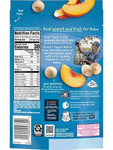 Gerber Snacks for Baby Yogurt Melts, Peach, Freeze-Dried Yogurt Snack Made with Real Yogurt & Fruit, Baby Snack for Crawlers, 1.0-Ounce Pouch (Pack of 3)