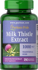 puritans pride milk thistle 4:1 extract 1000 mg (silymarin) softgels, 180 count