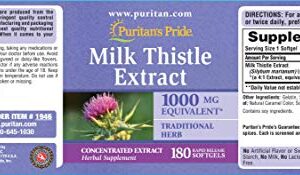 Puritans Pride Milk Thistle 4:1 Extract 1000 Mg (Silymarin) Softgels, 180 Count