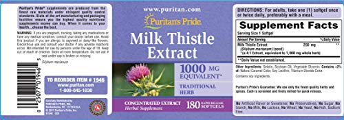 Puritans Pride Milk Thistle 4:1 Extract 1000 Mg (Silymarin) Softgels, 180 Count