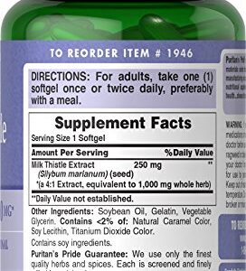 Puritans Pride Milk Thistle 4:1 Extract 1000 Mg (Silymarin) Softgels, 180 Count