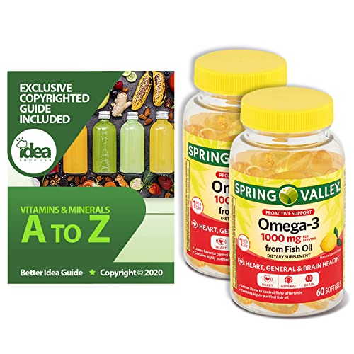 Spring Valley Proactive Support Omega-3 from Fish Oil Dietary Supplement, 1000 mg, 60 Ct (2 PACK) Bundle With Exclusive "Vitamins & Minerals A to Z" - Better Idea Guide (3 Items)