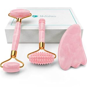 4-in-1 jade roller and gua sha set. rose quartz roller with eye massager, jade gua sha, ridged roller massager. jade roller for face real jade 100% jade stone roller. facial massager ice roller