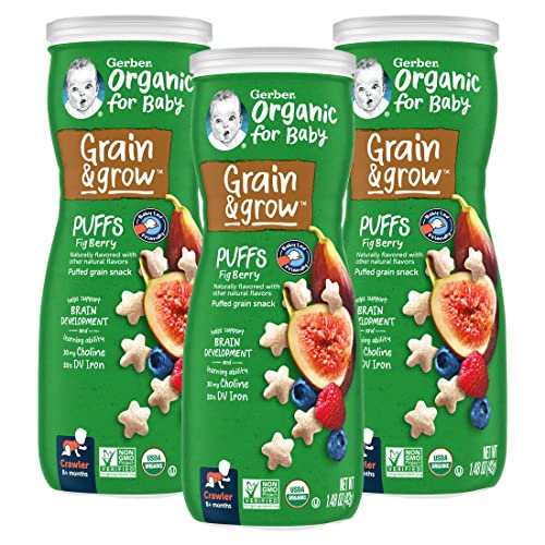 Gerber Organic for Baby Grain & Grow Puffs, Fig Berry, Non-GMO & USDA Organic Puffed Grain Snack for Crawlers, Baby-Led Friendly, 1.48-Ounce Canister (Pack of 3)