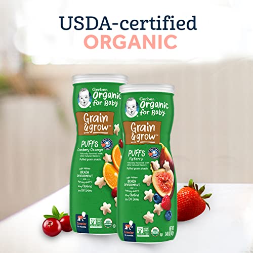 Gerber Organic for Baby Grain & Grow Puffs, Fig Berry, Non-GMO & USDA Organic Puffed Grain Snack for Crawlers, Baby-Led Friendly, 1.48-Ounce Canister (Pack of 3)