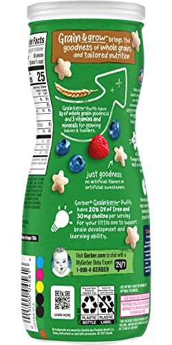 Gerber Organic for Baby Grain & Grow Puffs, Fig Berry, Non-GMO & USDA Organic Puffed Grain Snack for Crawlers, Baby-Led Friendly, 1.48-Ounce Canister (Pack of 3)