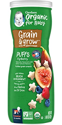 Gerber Organic for Baby Grain & Grow Puffs, Fig Berry, Non-GMO & USDA Organic Puffed Grain Snack for Crawlers, Baby-Led Friendly, 1.48-Ounce Canister (Pack of 3)