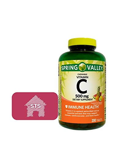 Spring Valley Vitamin C Tropical Fruit Flavors 500 mg, 200 Count - Chewable Tablets + STS Fridge Magnet.