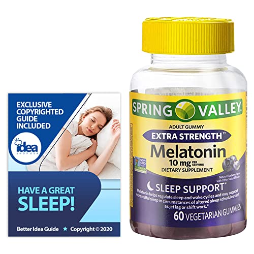 Melatonin Adult Gummies, Extra Strength, Sleep Support by Spring Valley, 10 mg, 60 Ct Bundle with Exclusive "Have a Great Sleep" - Better Idea Guide (2 Items)