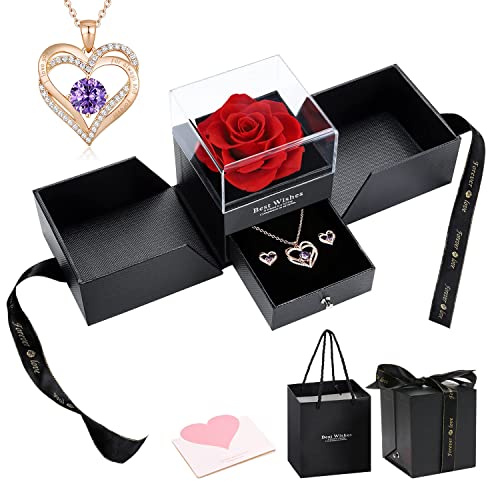 FOHEEL Birthday Gifts for Women Valentines Day Gifts Regalo de Cumpleaños Preserved Rose Love Box Regalos para Mujer Eternal Weetest Birthday Surprise Sweetest Day Gifts Jewelry Necklace Earring