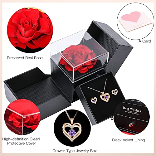 FOHEEL Birthday Gifts for Women Valentines Day Gifts Regalo de Cumpleaños Preserved Rose Love Box Regalos para Mujer Eternal Weetest Birthday Surprise Sweetest Day Gifts Jewelry Necklace Earring