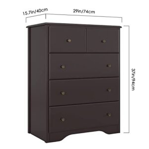 HOUSUIT Dresser with 5 Drawers, Retro Dressers for Bedroom, Wide Chest of Drawers Clothes Organizer, Wooden Nightstand for Living Room, Closet, Hallway, Dark Brown