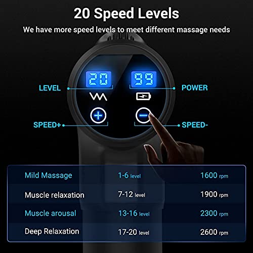 AERLANG Massage Gun, Deep Tissue Massager, Portable Muscle Massage Gun for Back Neck Muscle Relieve, Quiet Brushless Motor 20 Variable Speeds Digital Display 6 Massage Heads and Carrying Case