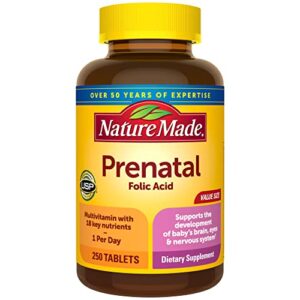 nature made prenatal multivitamin with folic acid, prenatal vitamin and mineral supplement for daily nutritional support, 250 tablets, 250 day supply