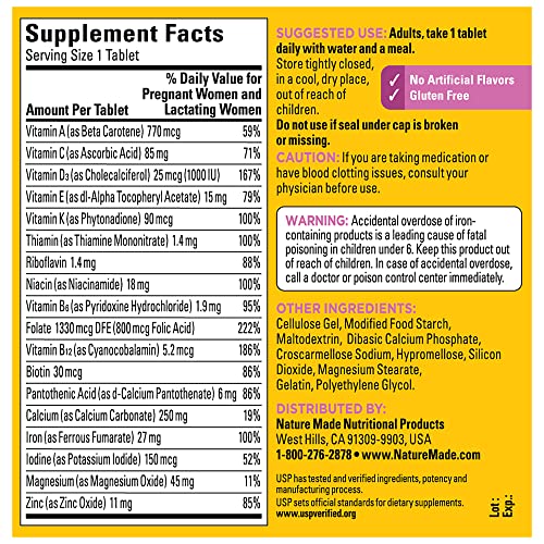 Nature Made Prenatal Multivitamin with Folic Acid, Prenatal Vitamin and Mineral Supplement for Daily Nutritional Support, 250 Tablets, 250 Day Supply