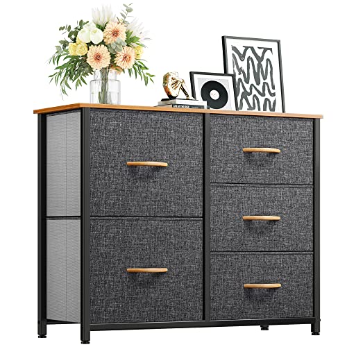 YITAHOME Storage Tower with 5 Drawers - Fabric Dresser, Organizer Unit for Bedroom, Living Room, Closets & Nursery - Sturdy Steel Frame, Easy Pull Fabric Bins & Wooden Top