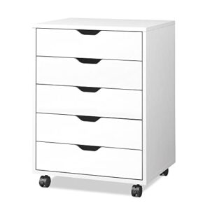 devaise 5-drawer chest, wood storage dresser cabinet with wheels, white