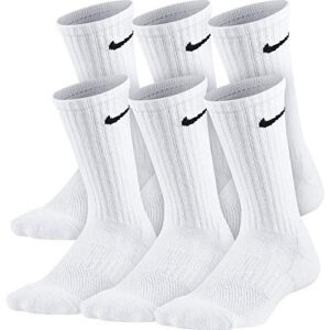 nike kids’ performance cushioned crew training socks (6 pair), girls & boys’ socks with cushioned comfort & dri-fit technology, white/black, s