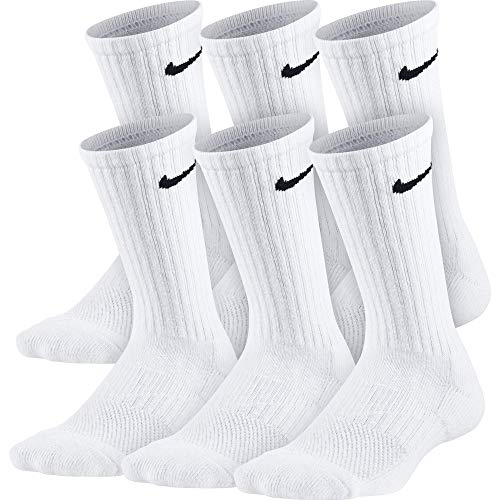 Nike Kids' Performance Cushioned Crew Training Socks (6 Pair), Girls & Boys' Socks with Cushioned Comfort & Dri-FIT Technology, White/Black, S