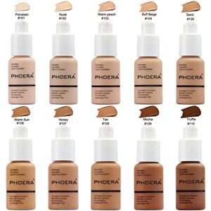 PHOERA Foundation 104 and 105 & Face Primer,Liquid Full Coverage Foundation Set,Foundation Brush Powder Brush,5 Makeup Sponge,30ml PHOERA 24HR Matte Oil Control Concealer (104 Buff Beige + 105 Sand)