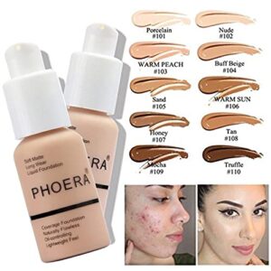 PHOERA Foundation 104 and 105 & Face Primer,Liquid Full Coverage Foundation Set,Foundation Brush Powder Brush,5 Makeup Sponge,30ml PHOERA 24HR Matte Oil Control Concealer (104 Buff Beige + 105 Sand)