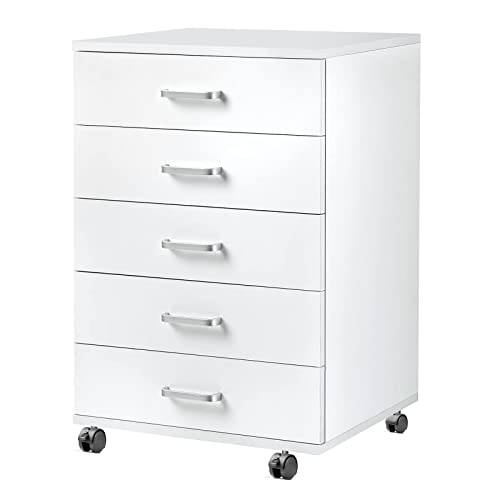 TUSY 5-Drawer Chest, Storage Dresser Cabinet with Wheels, White