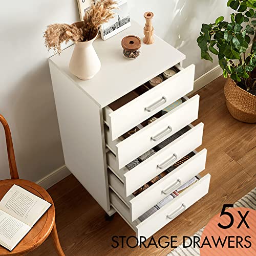 TUSY 5-Drawer Chest, Storage Dresser Cabinet with Wheels, White